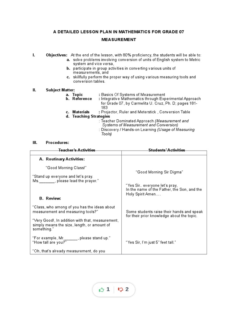 Lesson Plan in Math Measurement - Compress | PDF | Foot (Unit ...