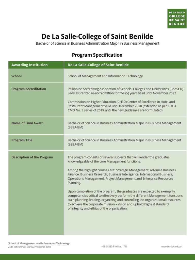 (BSBA-BM) Program Specification v2 | PDF | Strategic Management ...