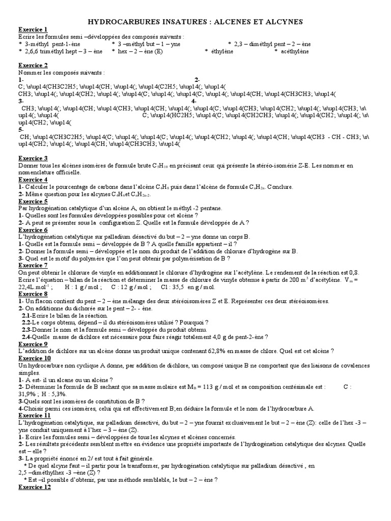 Exercices sur les hydrocarbures insaturés | PDF | Hydrogénation | Alcène