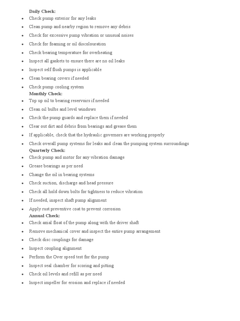 Pumps Checklist | PDF | Pump | Bearing (Mechanical)