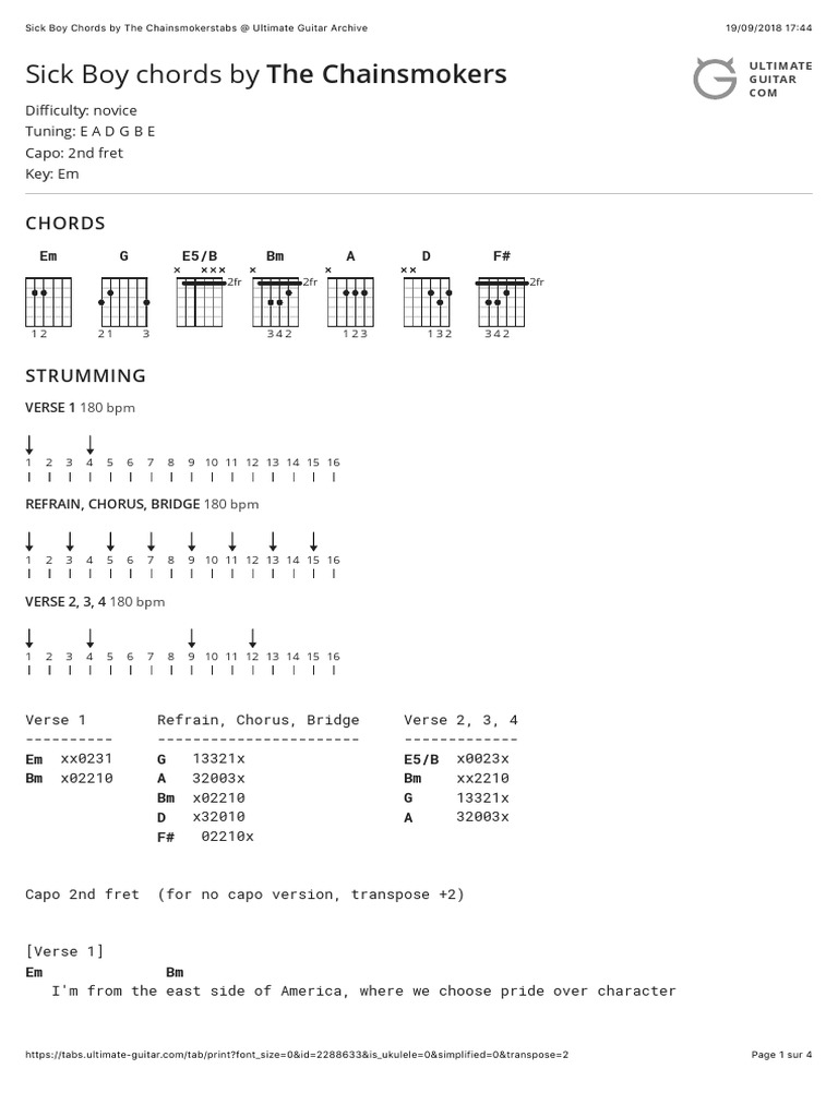 Sick Boy - The Chainsmokers | PDF | Song Structure | Refrain