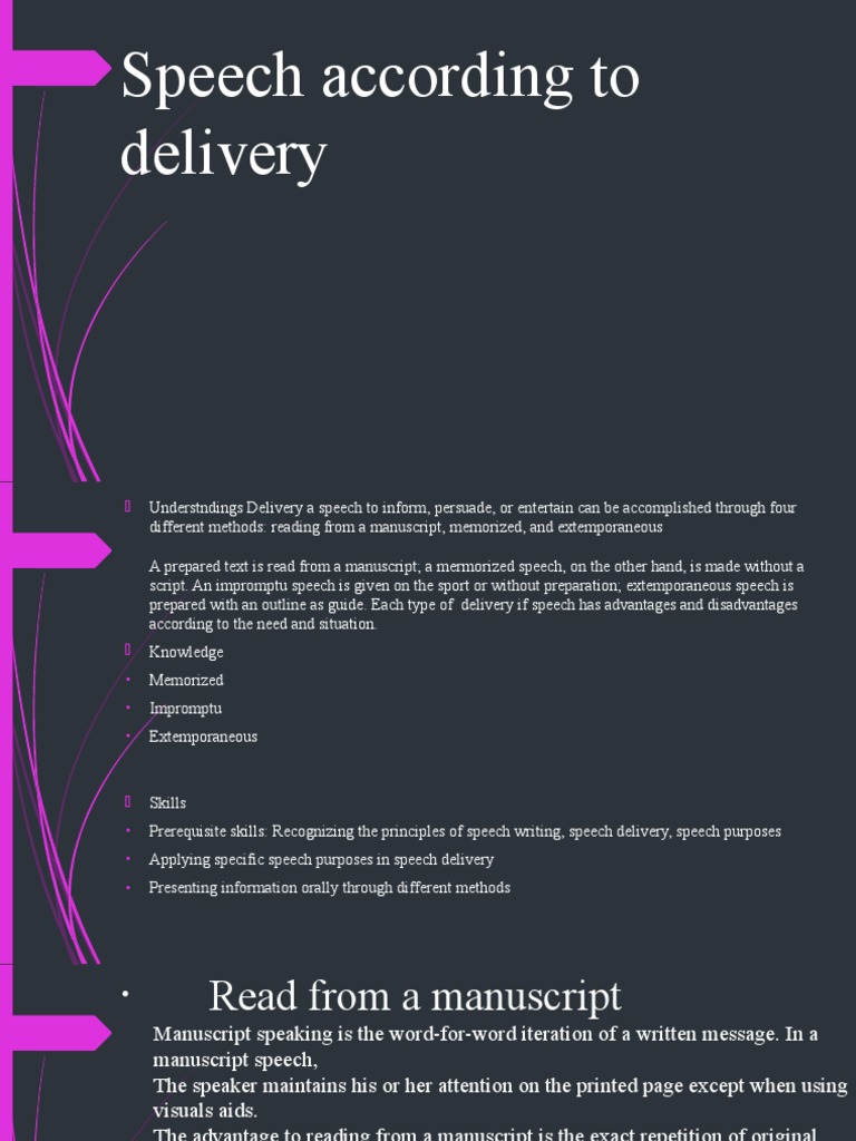 Speech According To Delivery | PDF | Speech | Manuscript