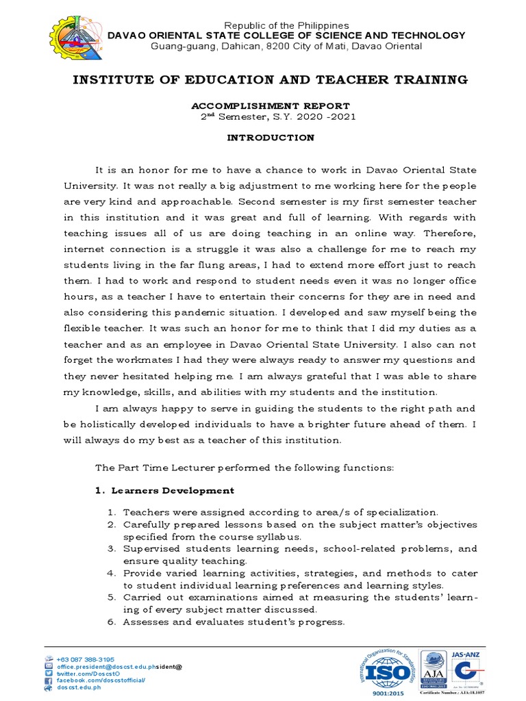 Semester End Accomplishment Report | PDF | Teaching Method | Teachers