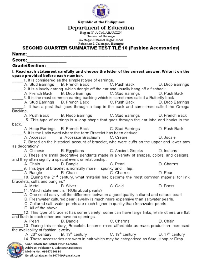 2nd Quarter TLE 10 Summative Test NEW | PDF | Bracelet | Jewellery