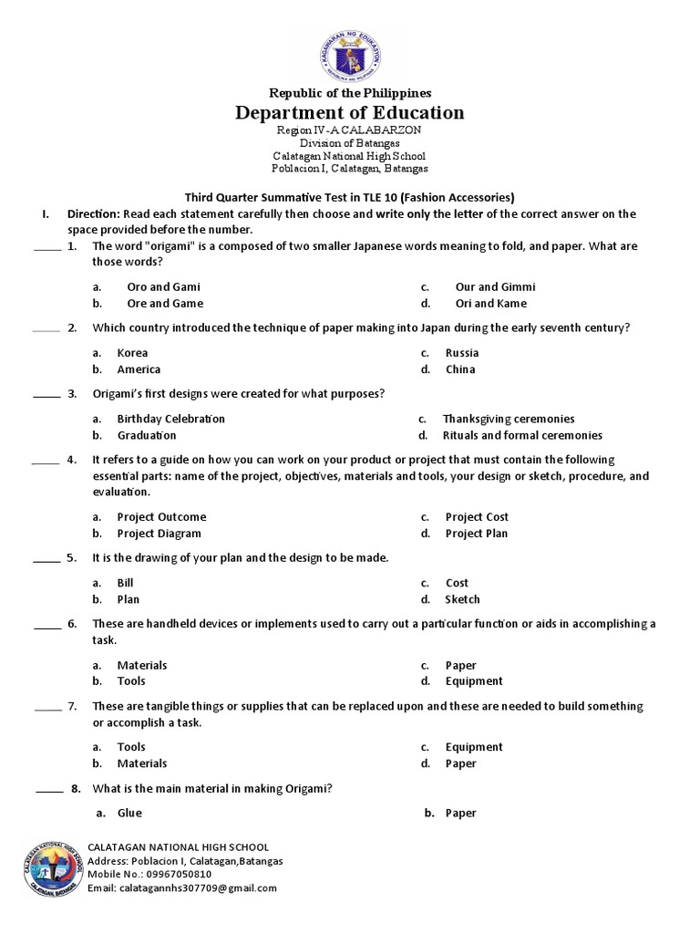 3rd Quarter Summative Test | PDF | Origami