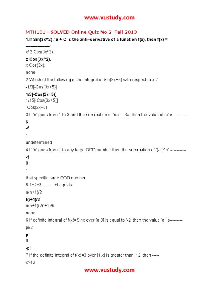 mth101 Midterm Solved Quizs 1 2 Fall 2013 | PDF | Integral ... mth101 Midterm Solved Quizs 1 2 Fall 2013 | PDF | Integral ...