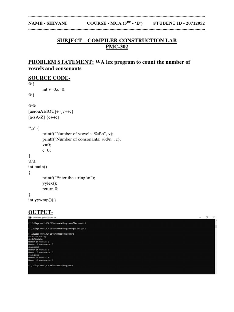 Lex Program-Shivani Mca3b | PDF | Compiler | Adjective Lex Program-Shivani Mca3b | PDF | Compiler | Adjective