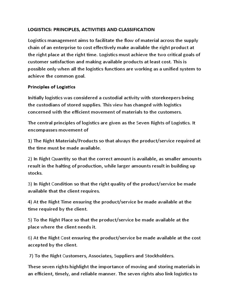 Logistics Principles Functions and Types | PDF | Logistics | Warehouse