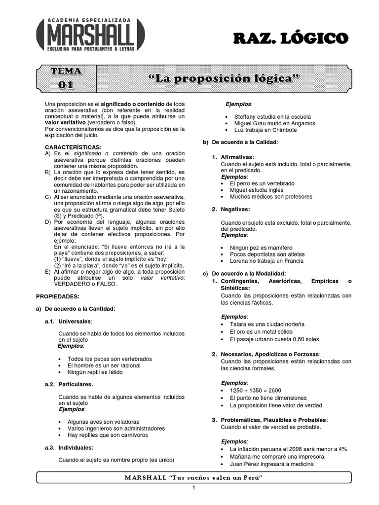 R.L. (01) La Proposición Lógica - REPASO | PDF | Proposición