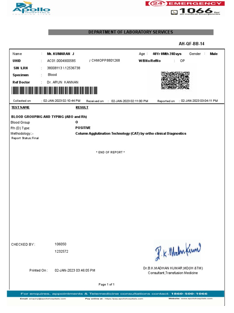 TestReport - Apollo Main Hospital, Greams Road ...