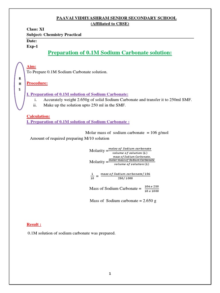 Preparation of 0.1M Sodium Carbonate Solution | PDF