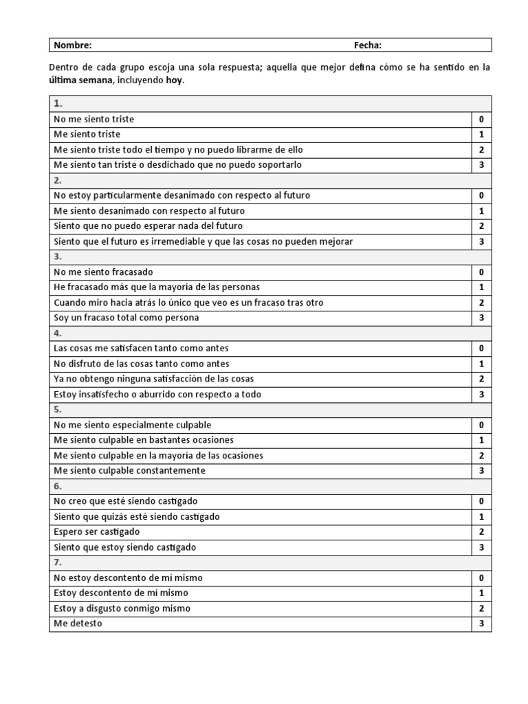 Inventario de Depresión de Beck | PDF | Depresión (estado de ánimo ...