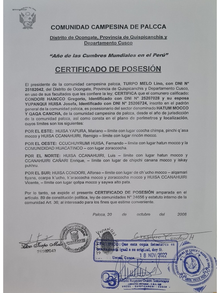 Certificado de Posesión PDF | PDF