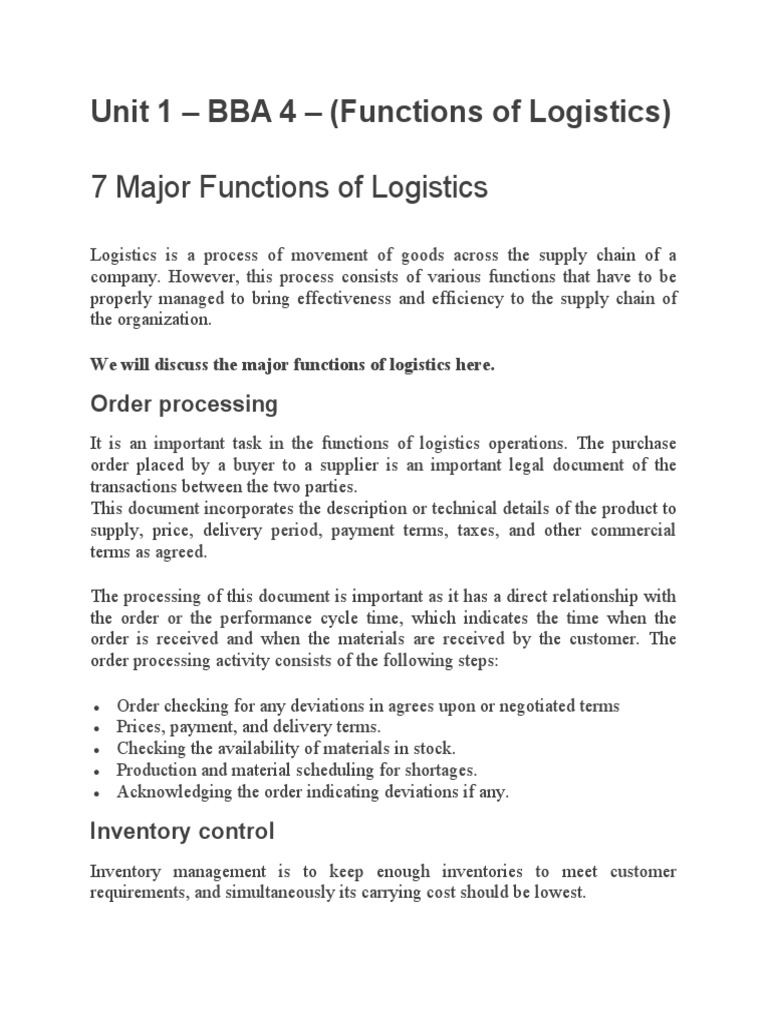 Unit 1 Functions of Logistics | PDF | Warehouse | Logistics