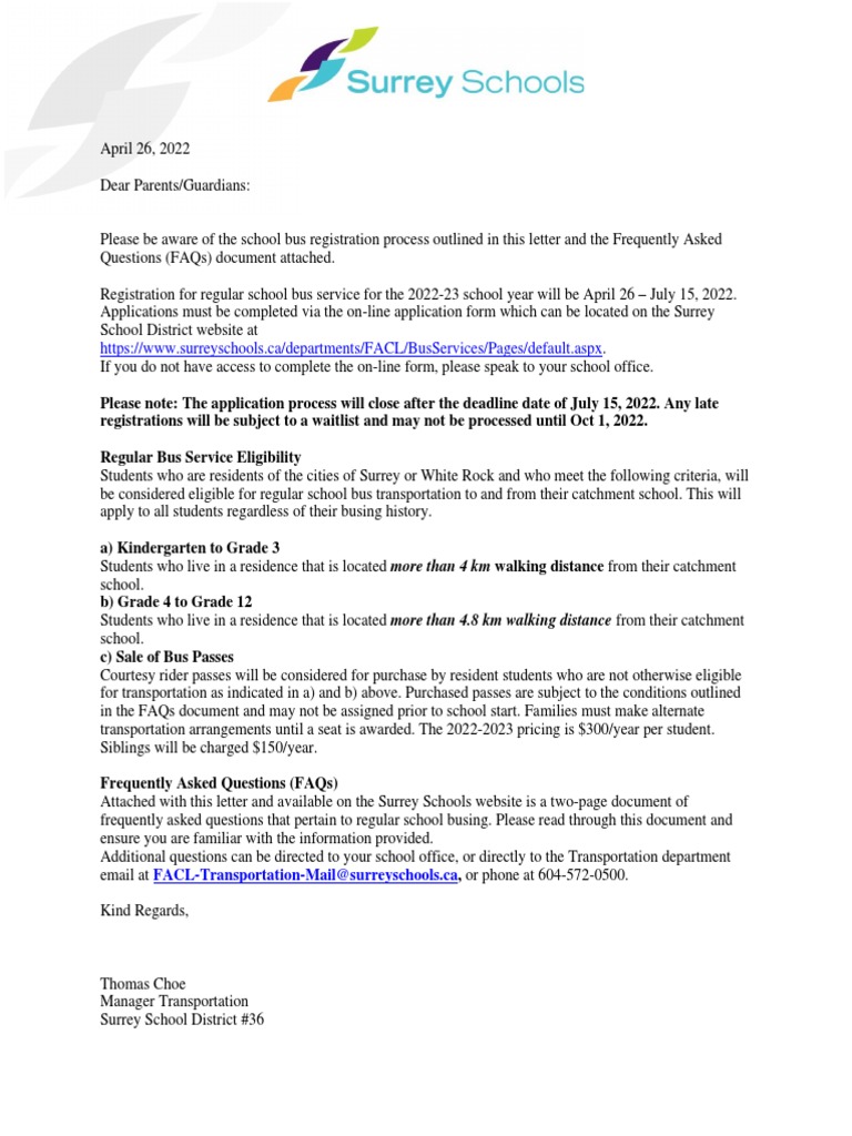 Surrey School Bus Registration 2022-23 | PDF | Career & Growth