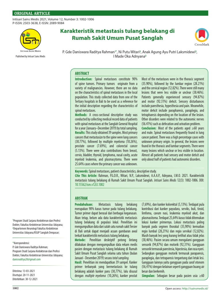 Spinal Metastases Characteristics in Bali | PDF | Cancer | Diseases And ...
