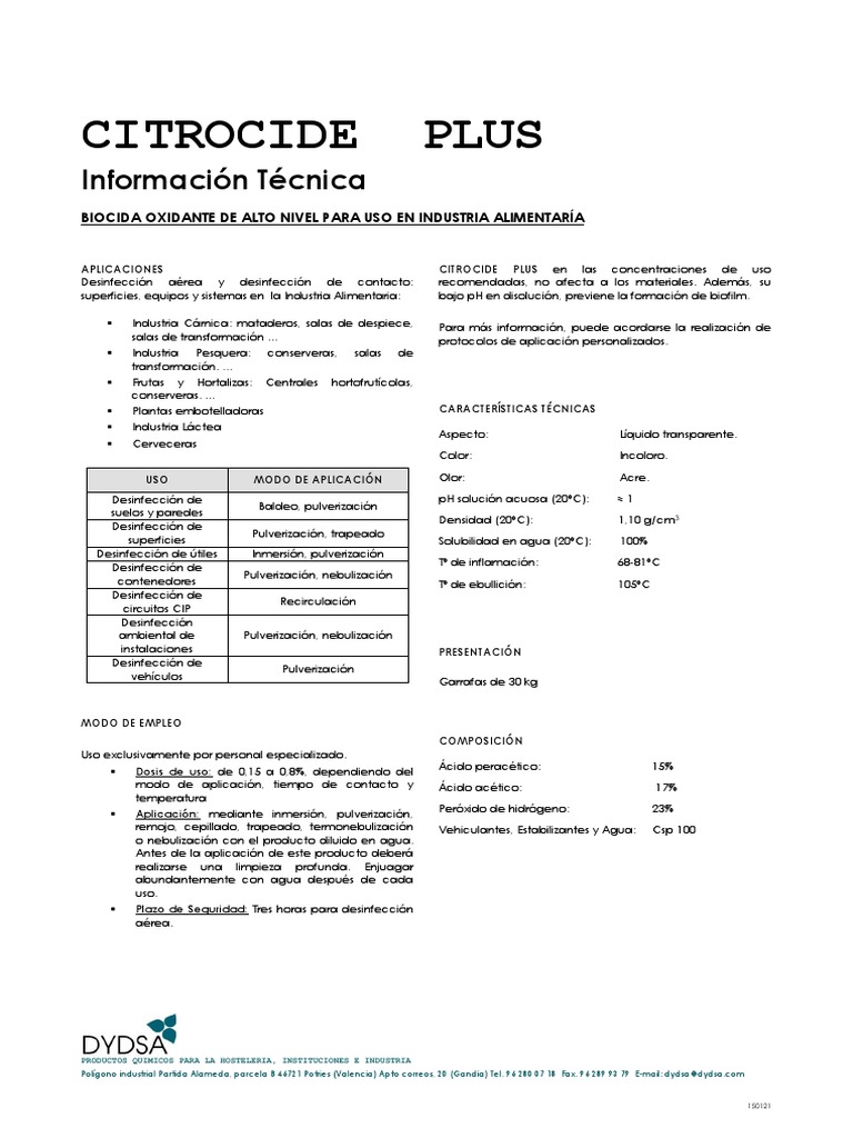 Citrocide Plus: Biocida para Alimentación | PDF | Agua | Química