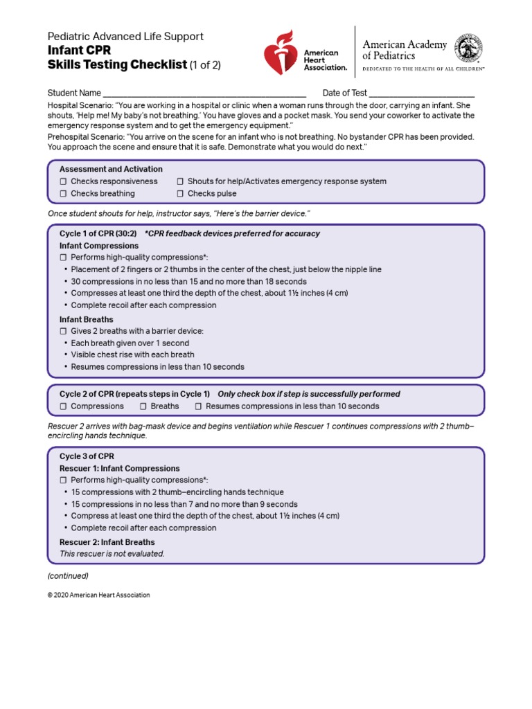 Infant CPR Skills Testing Checklist | PDF | Cardiopulmonary ...