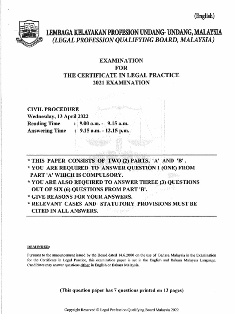 Civil Procedure 2021 Main Examination | PDF