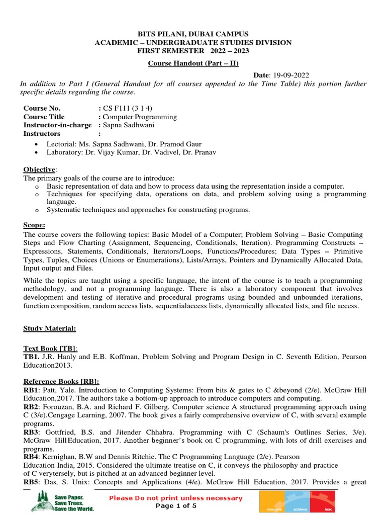 CS F111 Computer Programming I Sem 2022-2023 HO | PDF | Pointer (Computer Programming ...