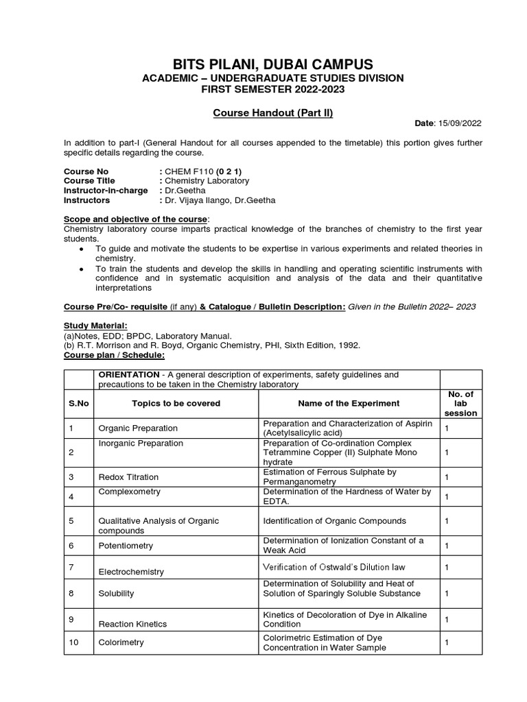 BITS Pilani Dubai Campus Chemistry Lab Handout | PDF | Solubility ...