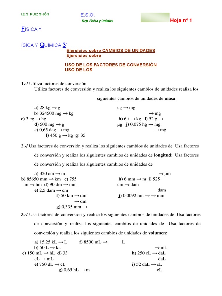Ejercicios de cambios de unidades en masa, longitud, volumen, tiempo y ...