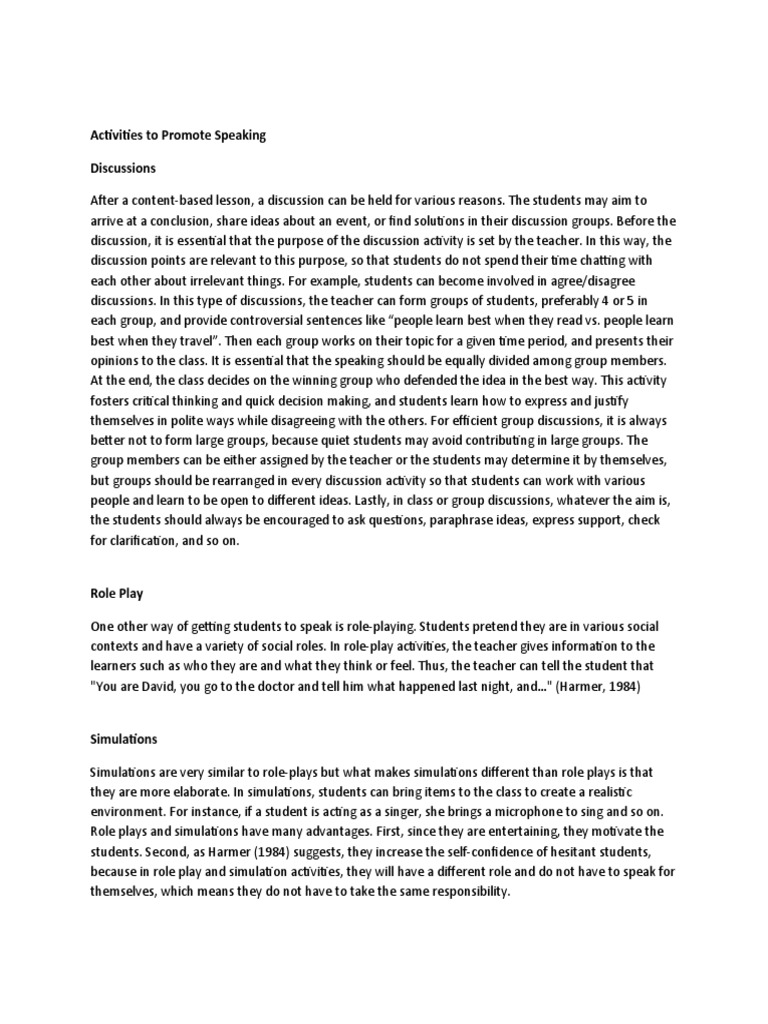 Activities To Promote Speaking | PDF | Storytelling | Brainstorming
