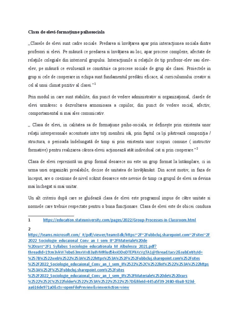 Clasa de Elevi-Formatiune Psihosociala | PDF