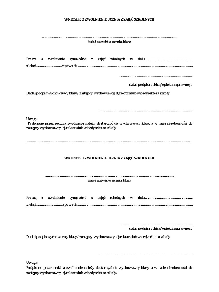 Wniosek-O-Zwolnienie-Ucznia-Z-Lekcji-2021-2022 3 | PDF