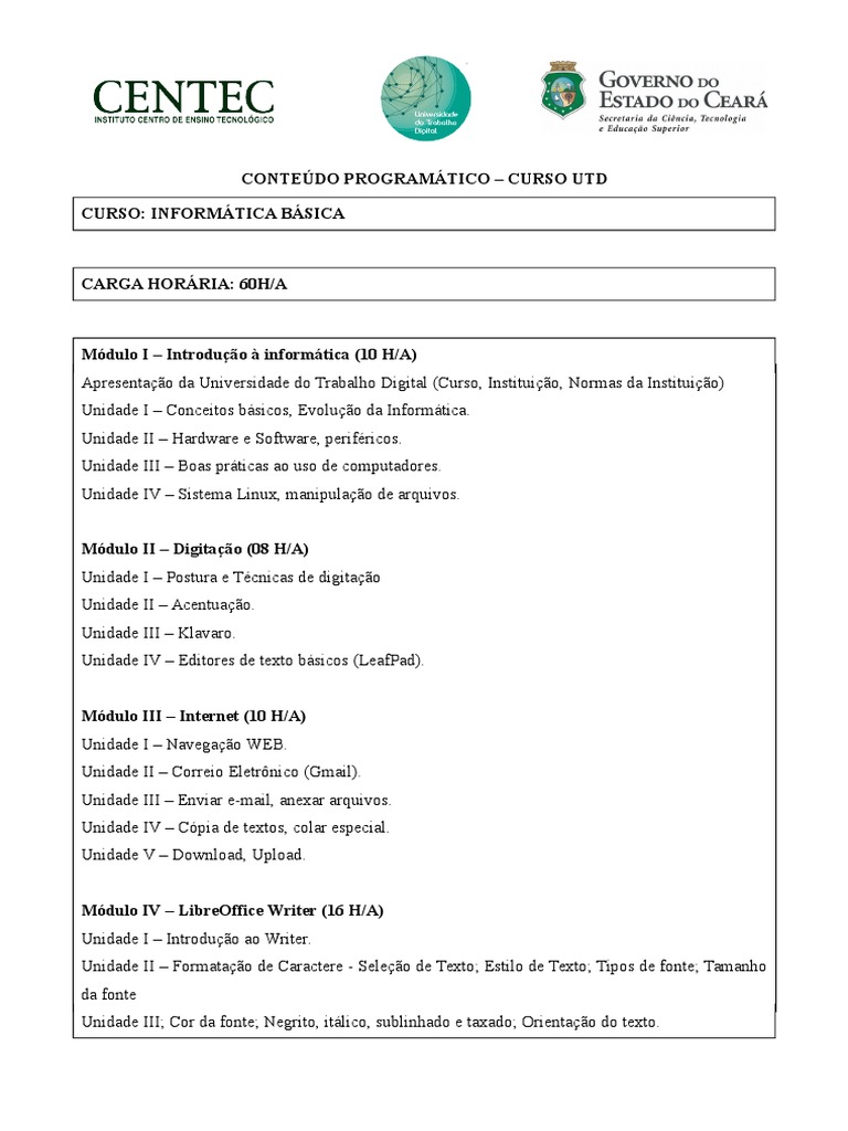Conteudo Programatico Informatica Basica Presencial | PDF