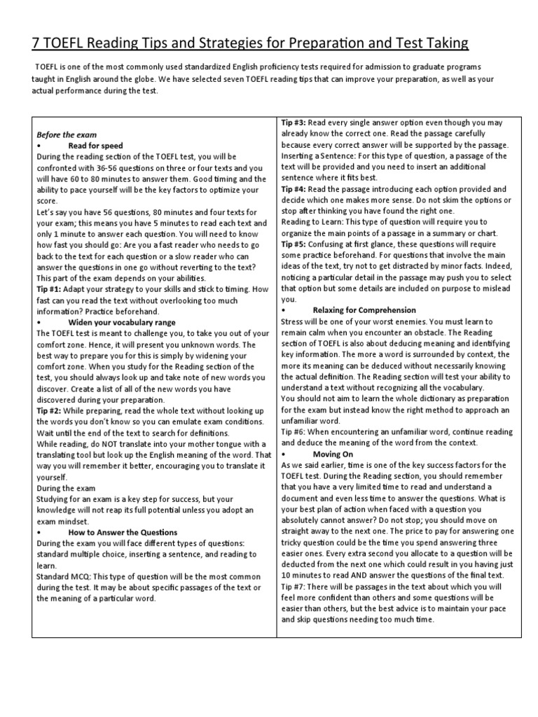 TOEFL Reading Tips: 7 Key Strategies | PDF | Test Of English As A ...