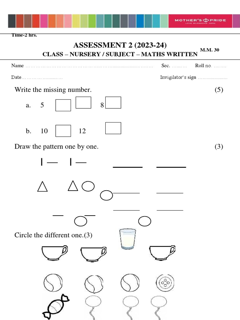 Nursery Maths Test Paper | PDF