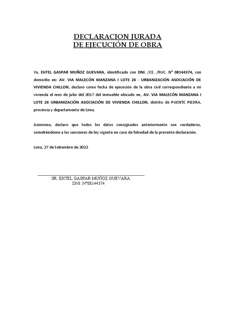 Declaracion Jurada Ejecucion Obra | PDF