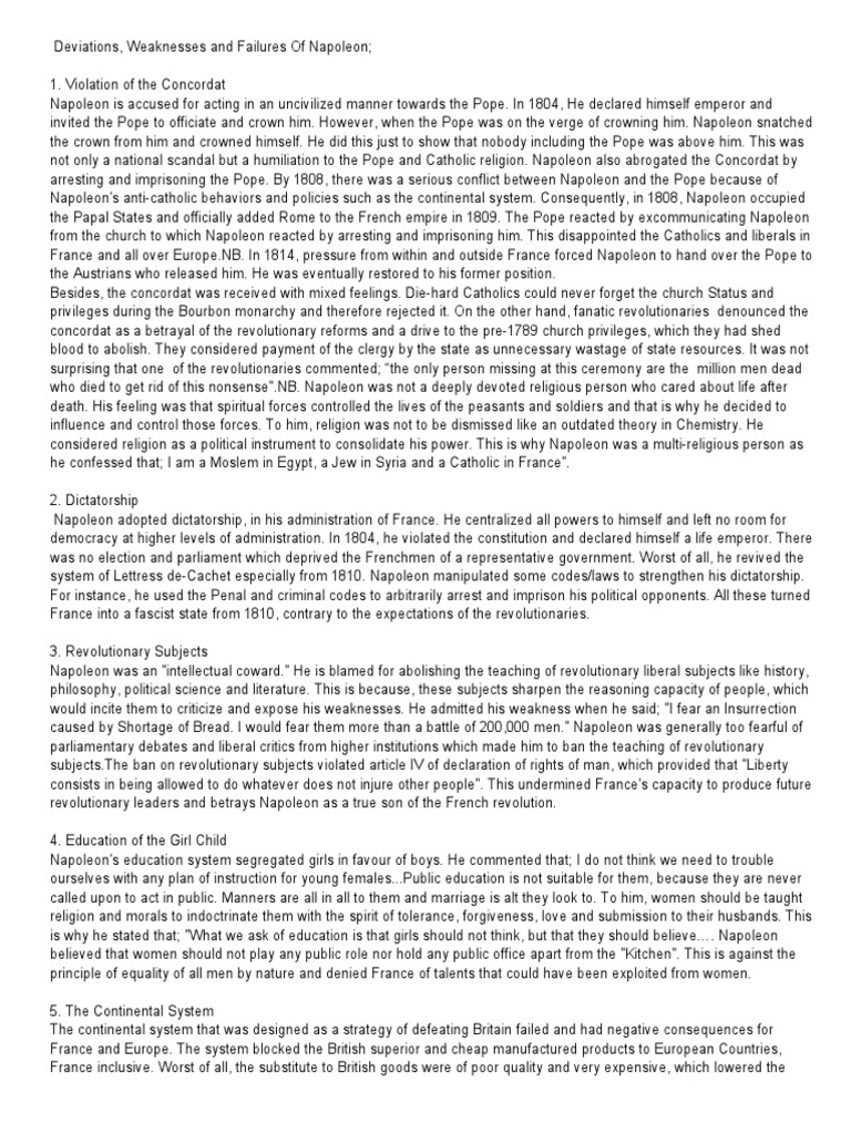 Napoleon's Failures and Weaknesses | PDF | Napoleon | Pope