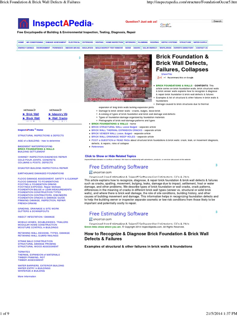 Brick Foundation & Brick Wall Defects & Failures | PDF | Masonry | Brick