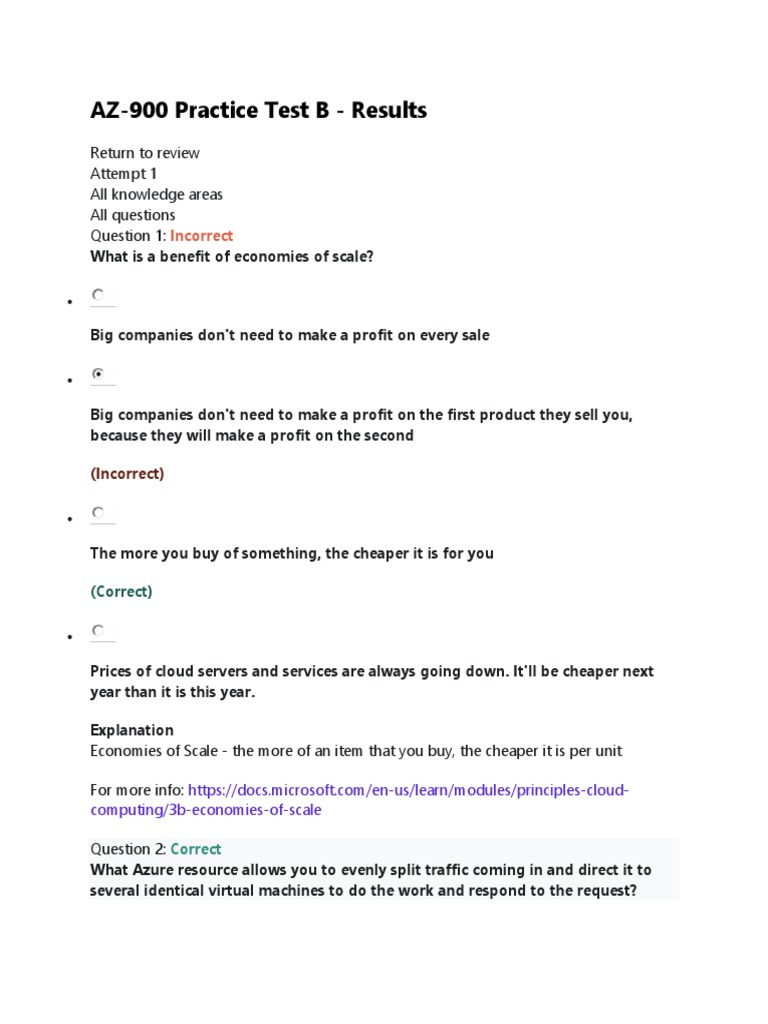 Reviewing Results from an AZ-900 Practice Test on Economies of Scale ...