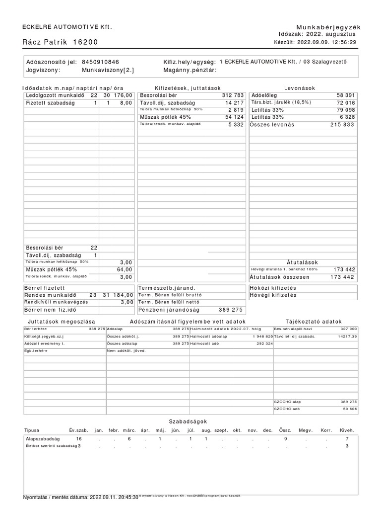 Munkabérjegyzék Augusztus | PDF