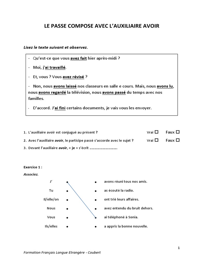 Exercices Le Passé Composé Avec Lauxiliaire Avoir | PDF | Études des ...