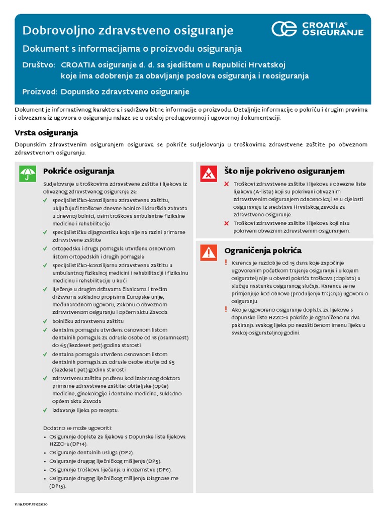 Informacije o Proizvodu Dopunsko Zdravstveno Osiguranje | PDF