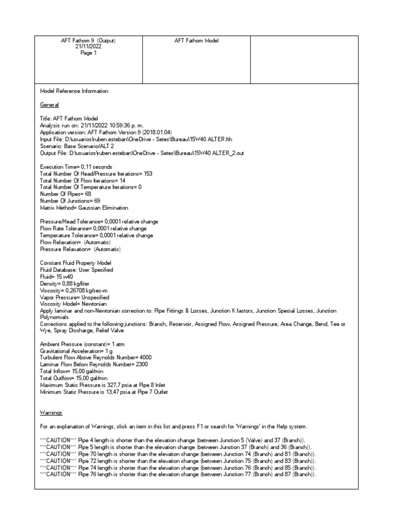 AFT Fathom Model: Analysis of a 15 w40 Fluid System | PDF | Fluid ...