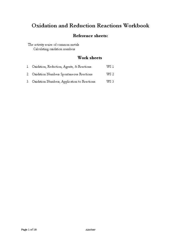 Oxidation and Reduction Workbook Revised 1A | PDF | Redox | Chemical ...