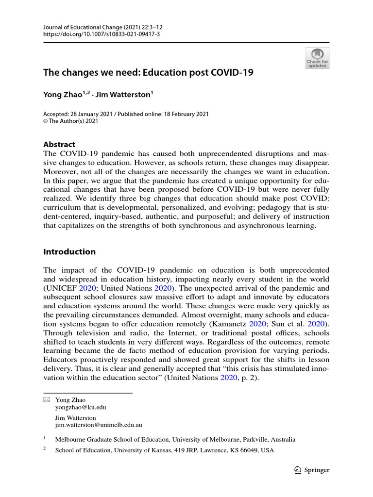 The Changes We Need: Education Post COVID 19: Yong Zhao Jim Watterston ...
