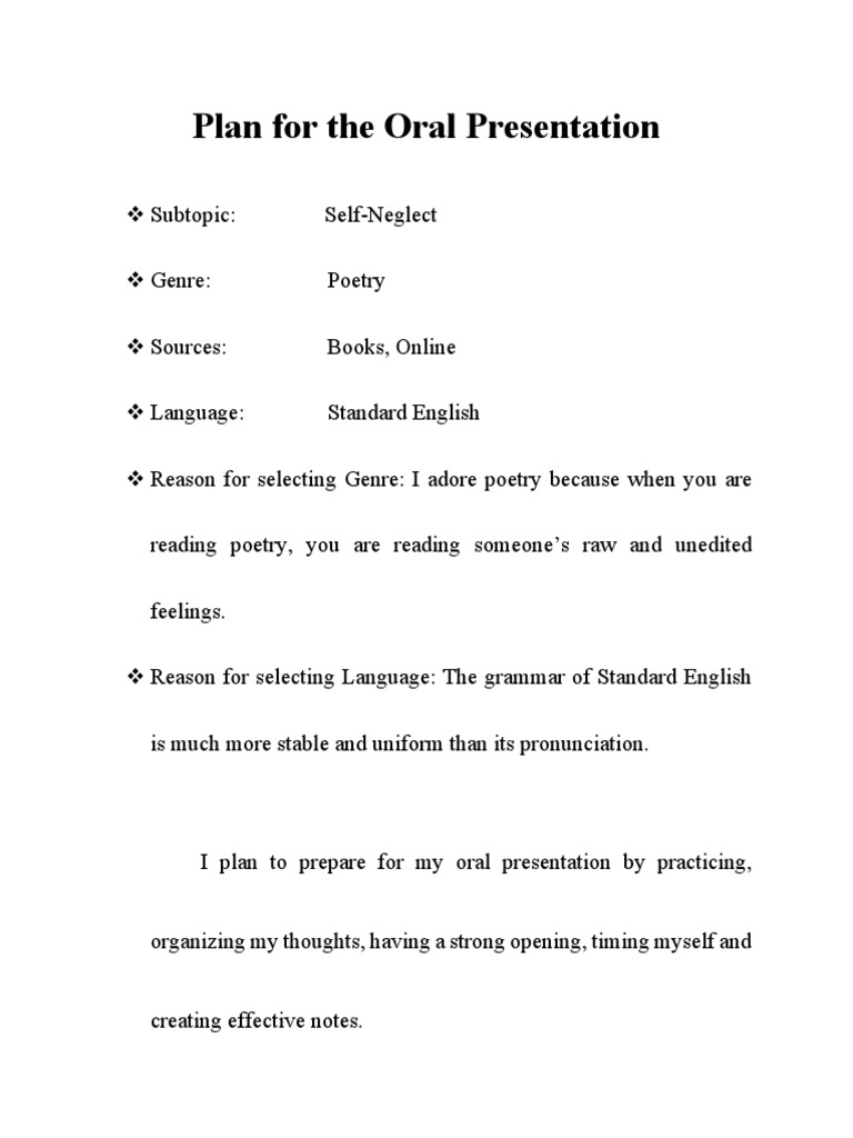 Plan For The Oral Presentation | PDF