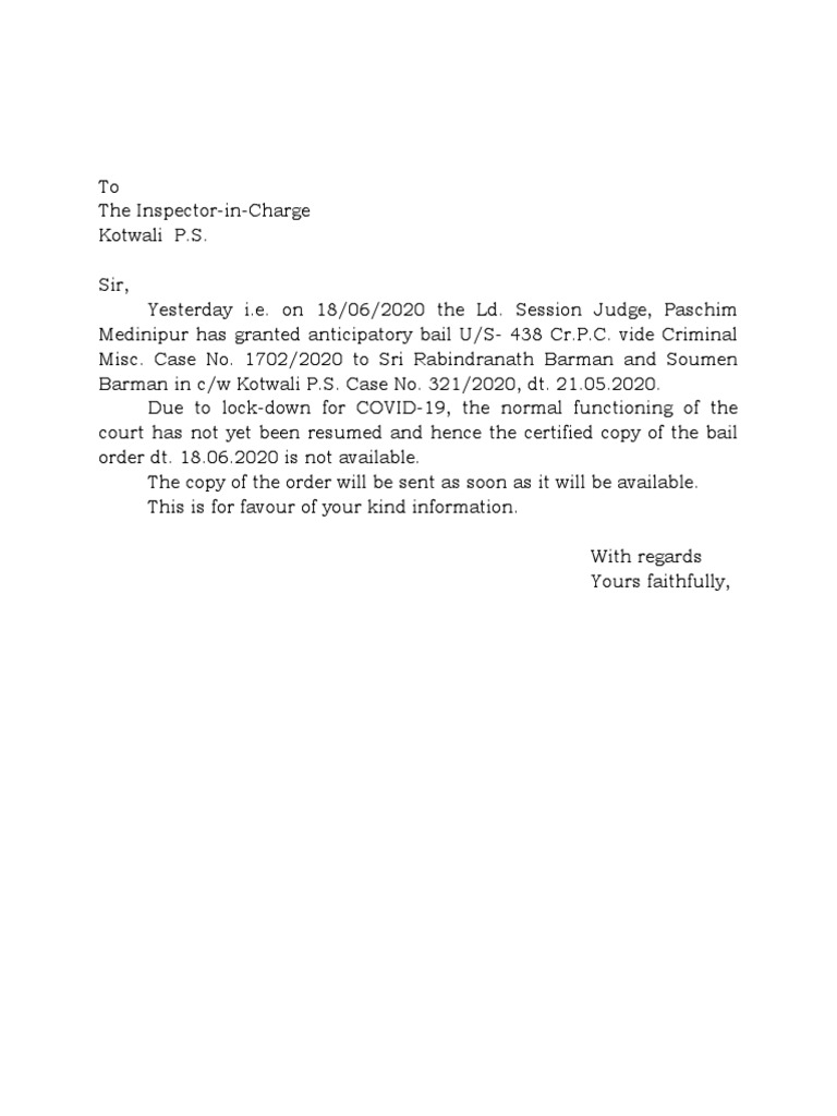 Advocate Letter To P.S. After Bail | PDF