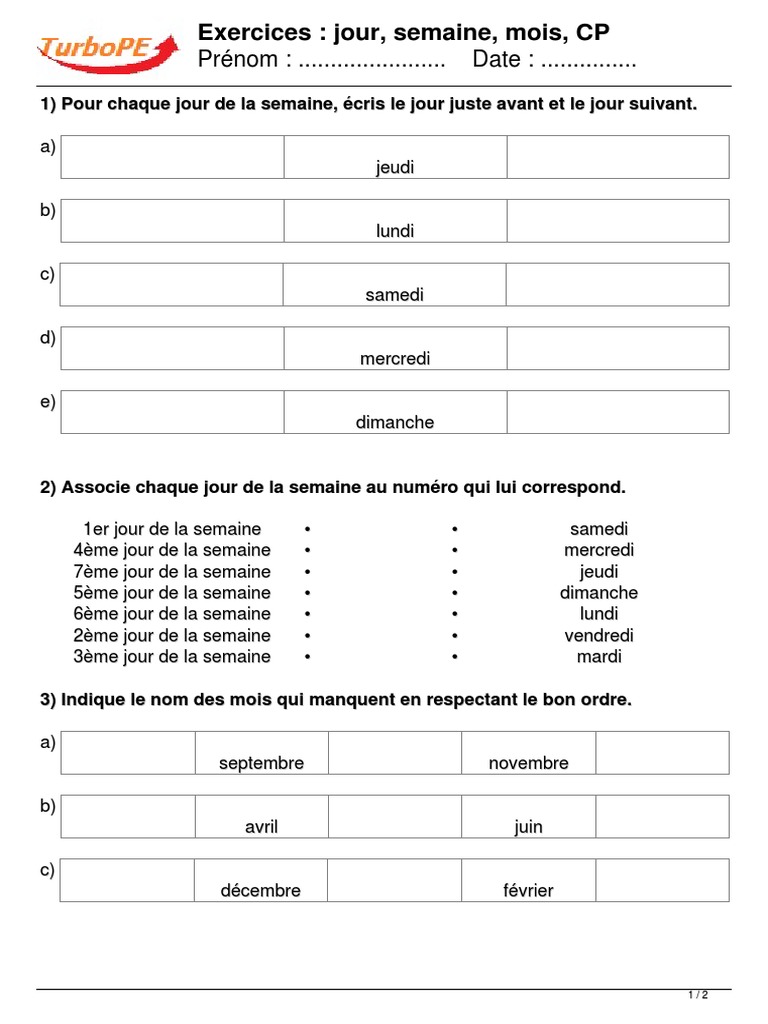 Exercices sur les jours et mois CP | PDF | Concepts mathématiques ...