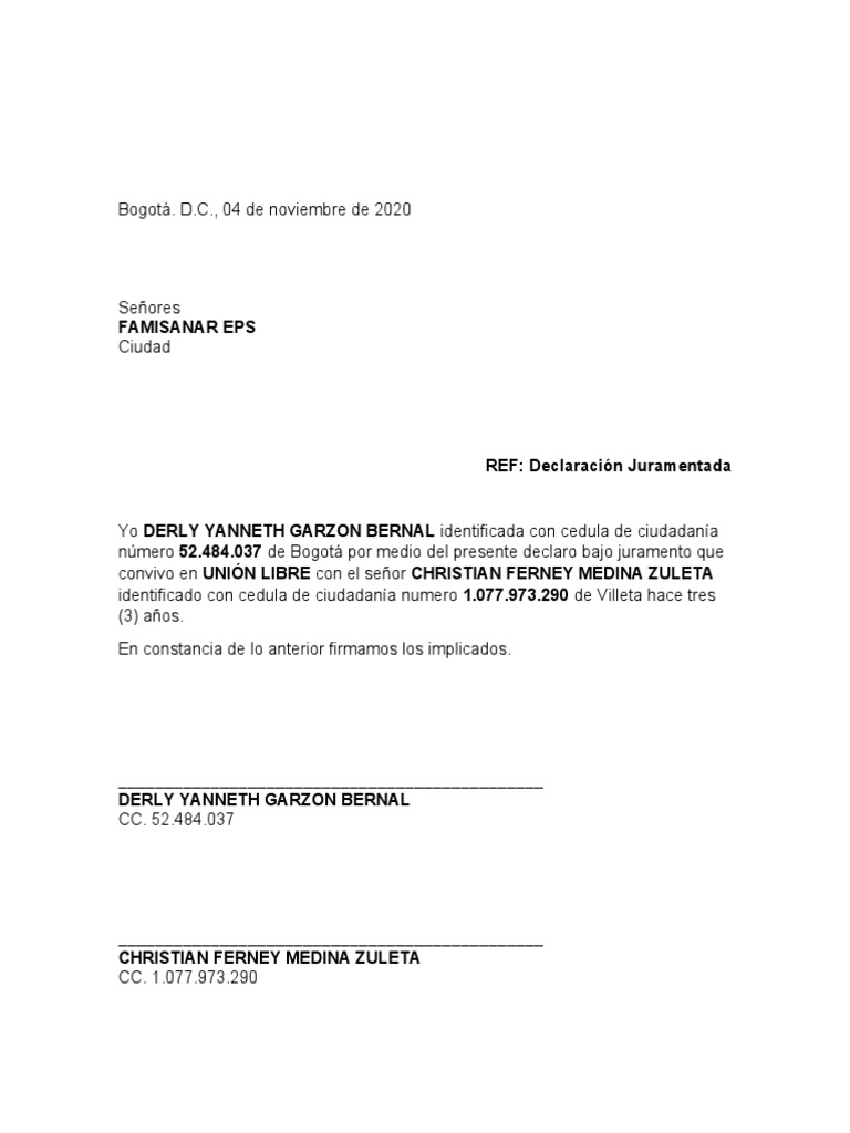 Declaración juramentada de unión libre para afiliación a EPS | PDF