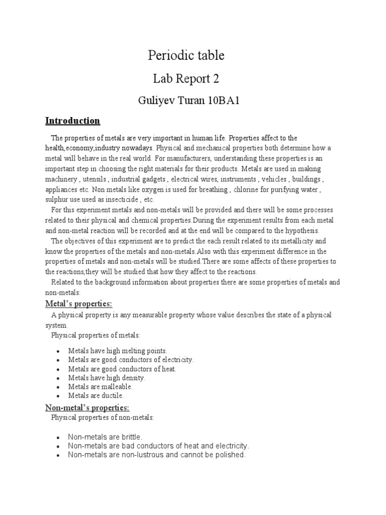 Lab Report 2 | PDF | Metals | Periodic Table Lab Report 2 | PDF | Metals | Periodic Table