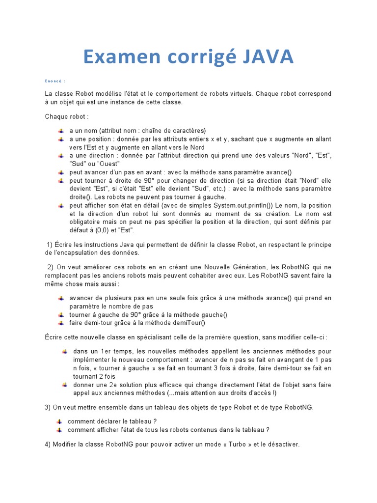 Examen corrigé sur la classe Robot en JAVA | PDF | Classe (informatique ...