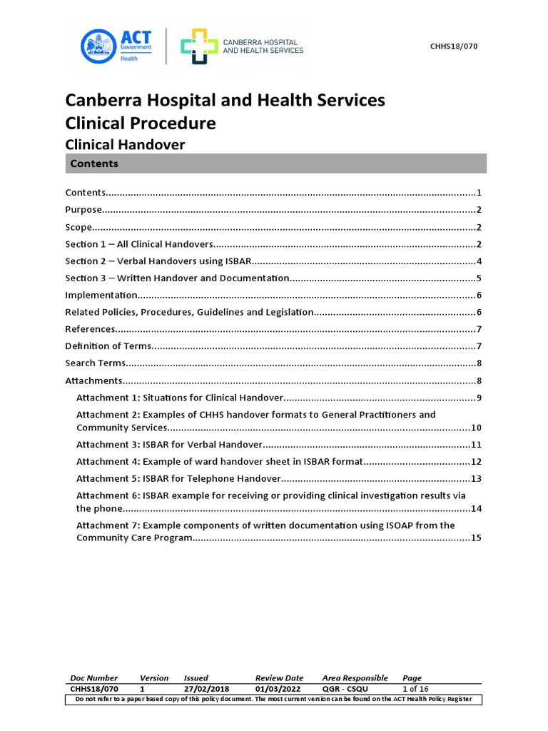 CHHS Clinical Handover Procedure | PDF | Patient | Health Care