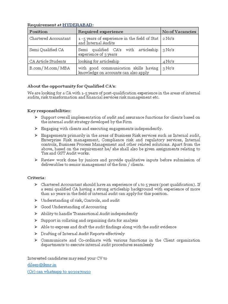 CA's and Semi Qualified CA's Requirement | PDF